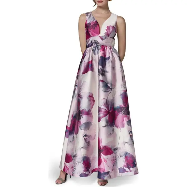 Donna Karan New York V-neck Print Ballgown - Sangria Multi