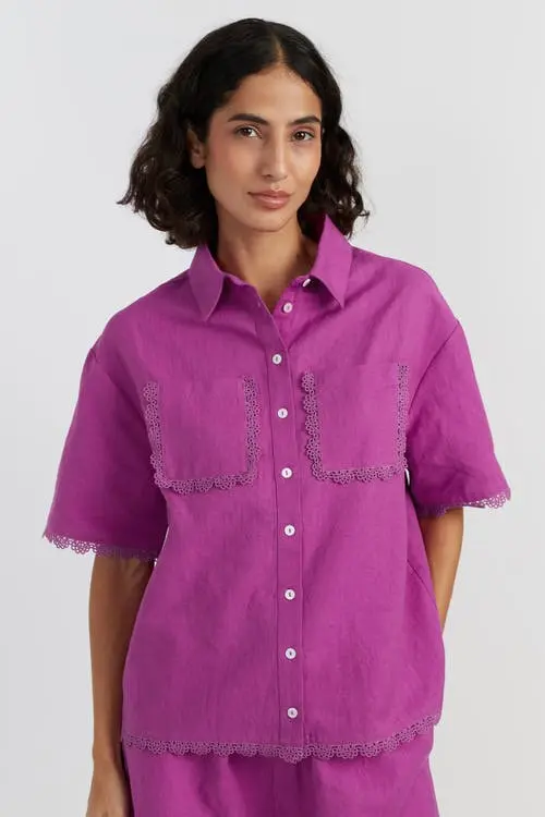 Chinti & Parker Linen-blend Scallop Edge Shirt - Magenta