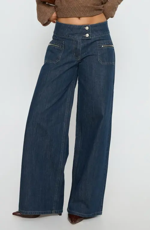 Princess Polly Unwritten Mid Rise Wide Leg Jeans - Dark Blue Wash