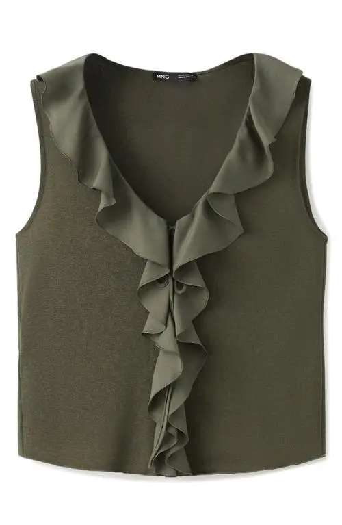 Mango Ruffle Detail V-neck Sleeveless Top - Khaki Green