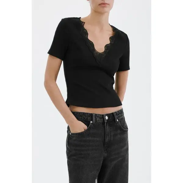 Mango Lace Trim Rib Knit Cropped Top - Black