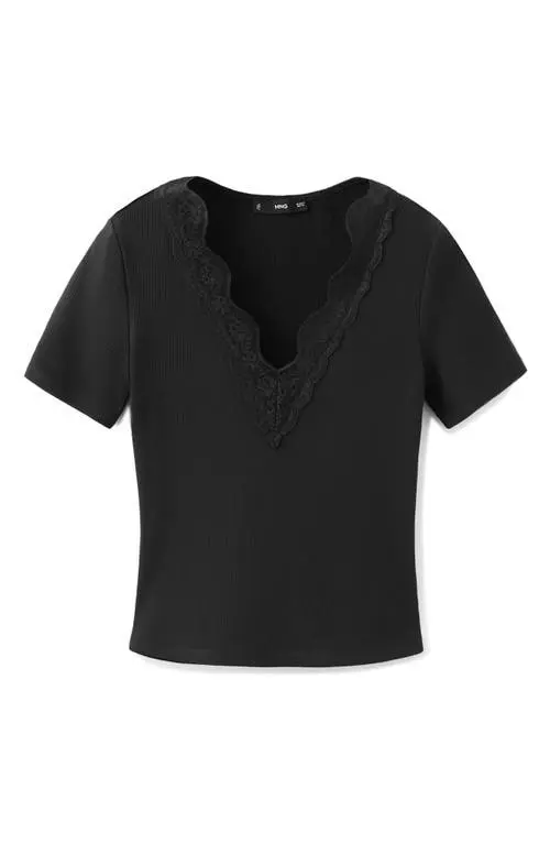 Mango Lace Trim Rib Knit Cropped Top - Black