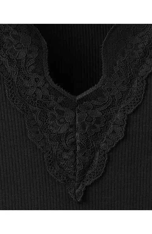 Mango Lace Trim Rib Knit Cropped Top - Black