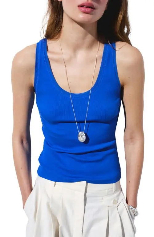 Mango Stretch Cotton Scoop Neck Tank - Blue