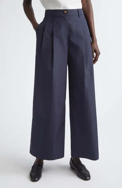 Lafayette 148 New York Park Pleated Organic Cotton Wide Leg Ankle Pants - Ink