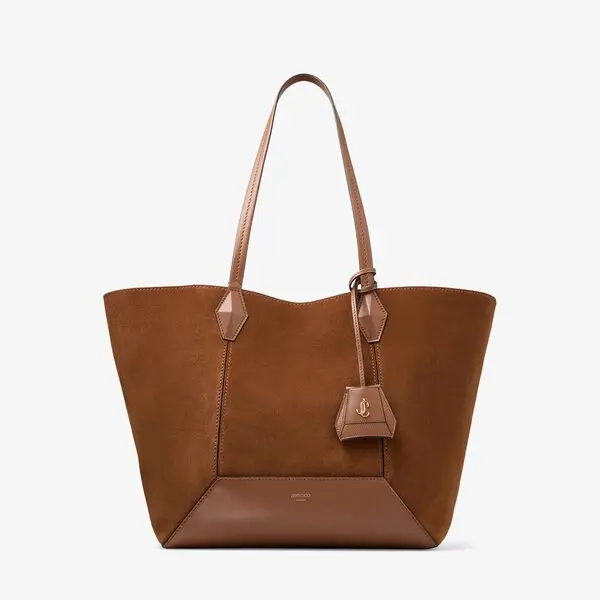 JIMMY CHOO Diamond Tote Medium Tan Suede Tote Bag - Tan/gold