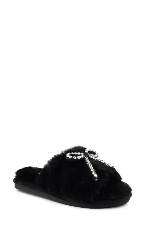 CANDIE'S Franney Bow Embellished Faux Fur Slipper - Black