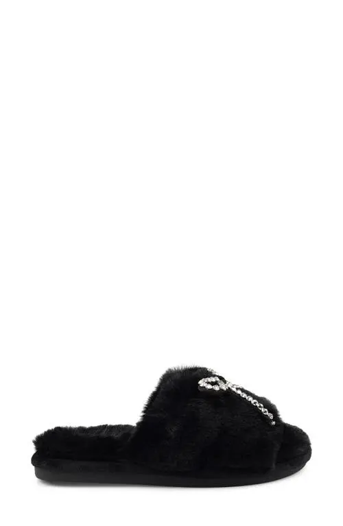 CANDIE'S Franney Bow Embellished Faux Fur Slipper - Black