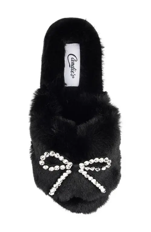 CANDIE'S Franney Bow Embellished Faux Fur Slipper - Black