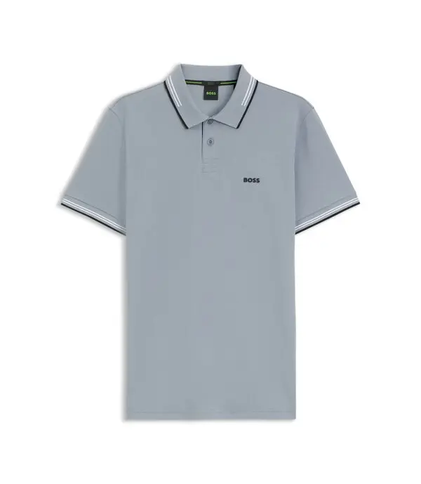 BOSS Stretch-cotton Slim-fit Polo Shirt With Branding And Stripes - Grey