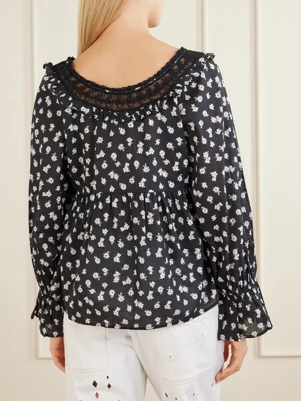 Posse Danielle Floral-print Cotton-voile Blouse With Lace Trim