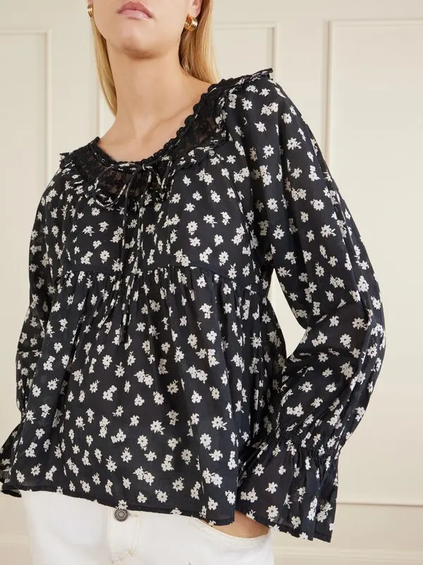 Posse Danielle Floral-print Cotton-voile Blouse With Lace Trim