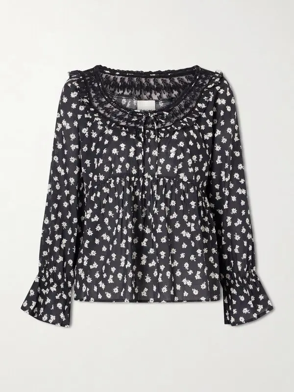 Posse Danielle Floral-print Cotton-voile Blouse With Lace Trim - Black