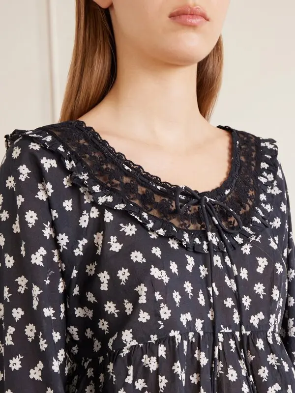 Posse Danielle Floral-print Cotton-voile Blouse With Lace Trim