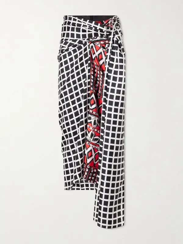 LANVIN Asymmetric Belted Printed Silk Midi Skirt - Black