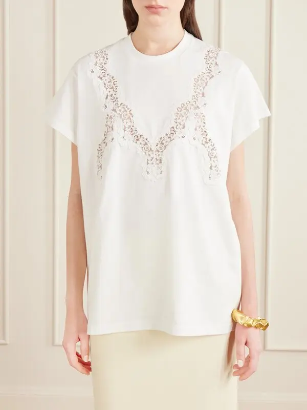 Stella McCartney Lace-trimmed Cotton-jersey T-shirt - White