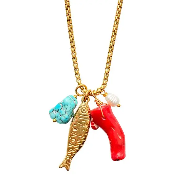 SMILLA BRAV Plated Stainless Steel Fish Necklace With Turquoise, Coral, And Pearl - Gold