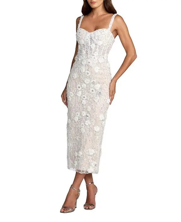 Mac Duggal Embellished Lace Sleeveless Midi Dress - Ivory Nude