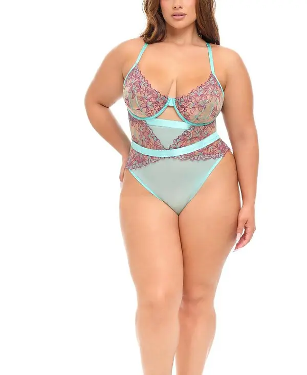 OH LA LA CHERI Plus Adaline Embroidered Mesh Teddy - Lily Pond/mojito