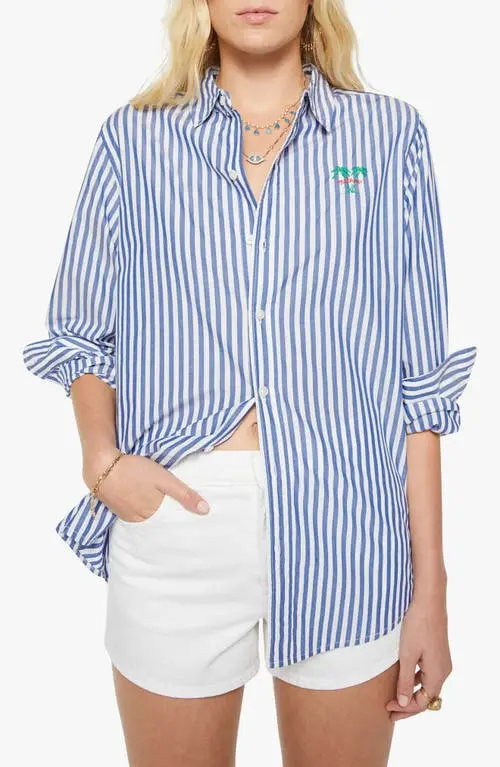 MOTHER The Bestie Stripe Button-up Top - White/blue Stripe