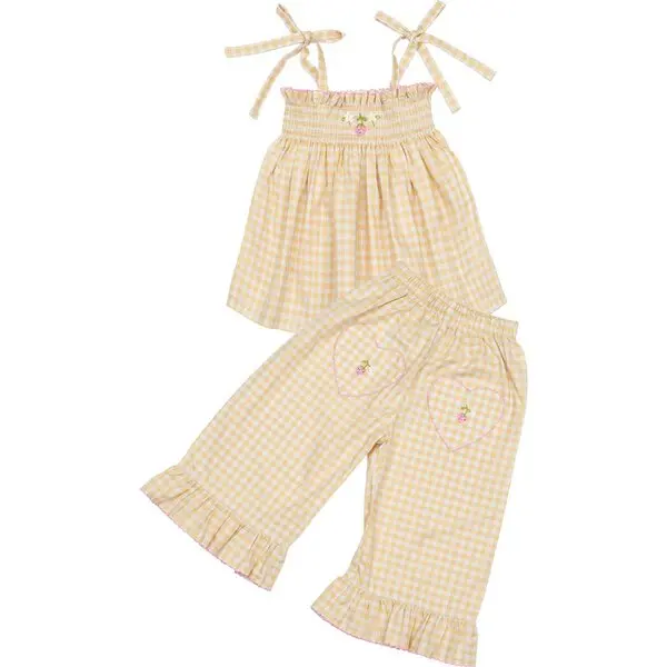 WILD WAWA Ruffle Pant Set - Yellow Gingham/strawberry