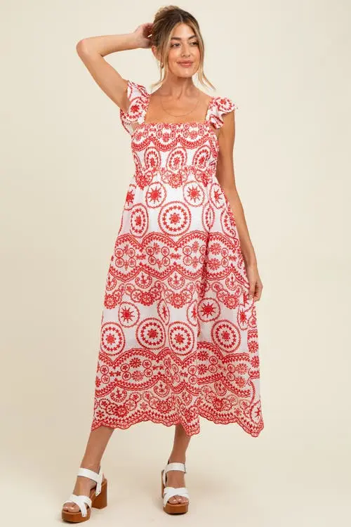 PINKBLUSH Embroidered Smocked Cutout Midi Dress