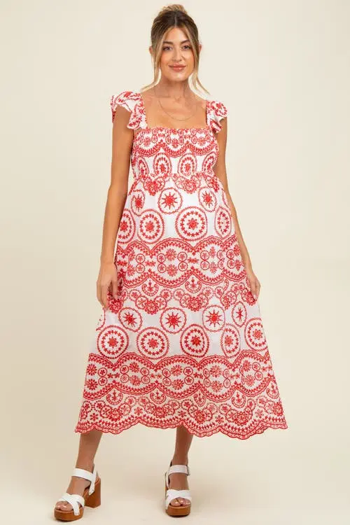 PINKBLUSH Embroidered Smocked Cutout Midi Dress