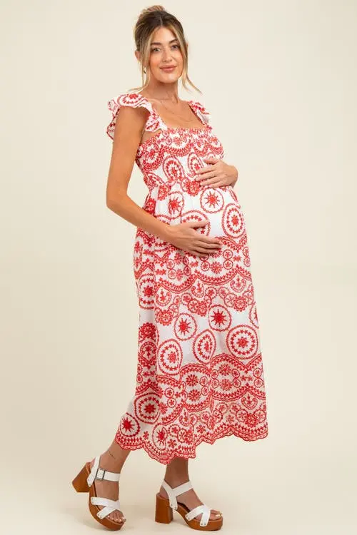 PINKBLUSH Embroidered Smocked Cutout Midi Dress