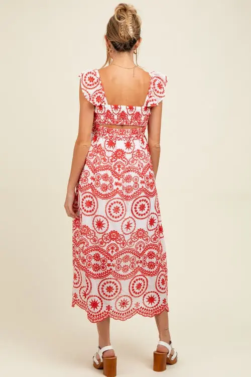 PINKBLUSH Embroidered Smocked Cutout Midi Dress