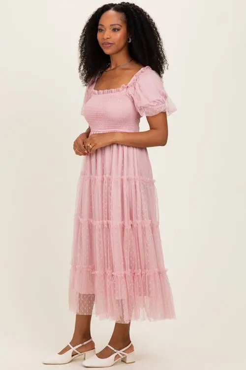 PINKBLUSH Tulle Puff Sleeve Smocked Midi Dress - Light Pink