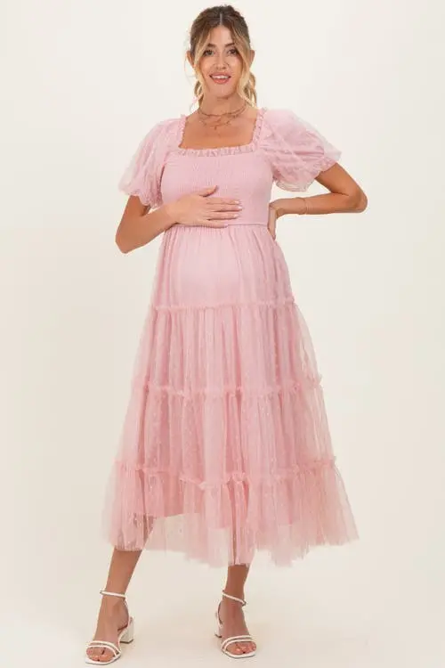 PINKBLUSH Tulle Puff Sleeve Smocked Midi Dress - Light Pink