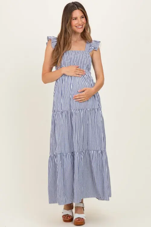 PINKBLUSH Striped Ruffle Strap Smocked Maternity Maxi Dress - Navy Blue