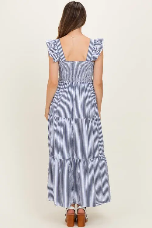 PINKBLUSH Striped Ruffle Strap Smocked Maternity Maxi Dress