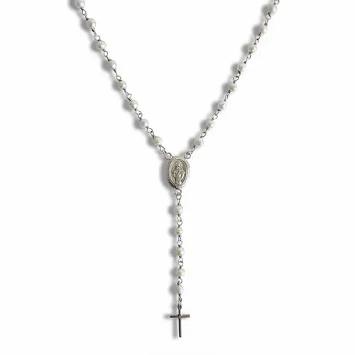 LENI JAMES Amelia Freshwater Pearl Rosary Necklace With Cross - White/silver