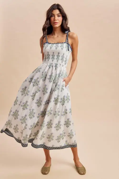 PINKBLUSH Floral Smocked Shoulder Tie Maxi Dress
