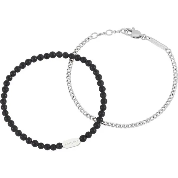 Estée Lauder Black Onyx Bead And Curb Chain Bracelet Set - Silver