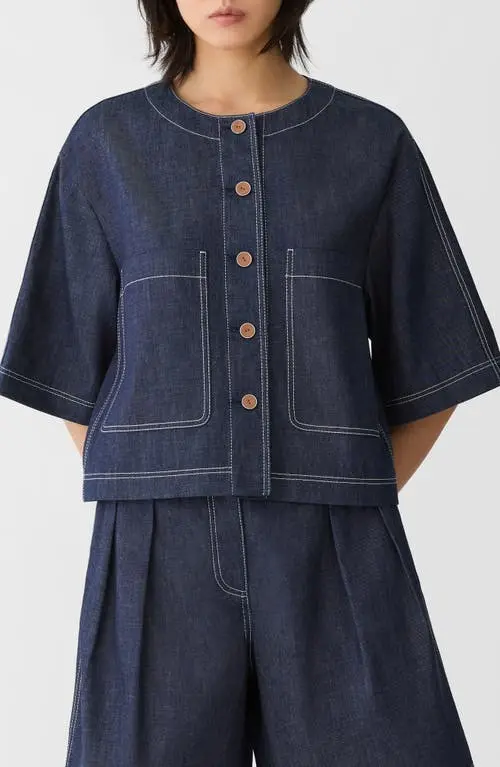 Lafayette 148 New York Patch Pocket Chambray Crop Jacket - Shipyard Indigo