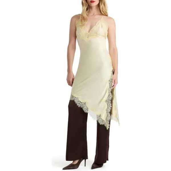 Bardot Silvio Asymmetric Lace Trim Satin Dress - Buttercup