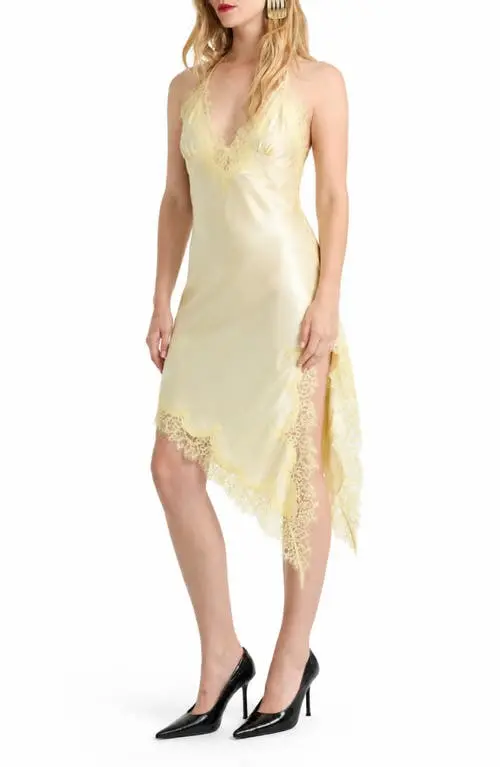 Bardot Silvio Asymmetric Lace Trim Satin Mini Dress - Buttercup