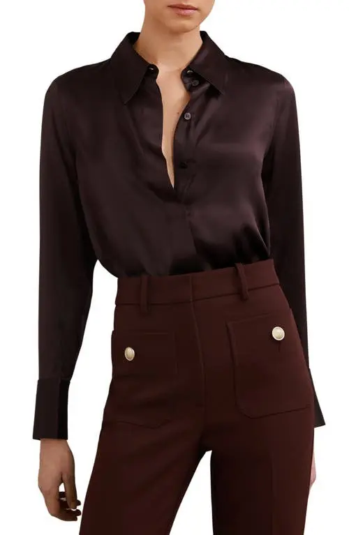 REISS Ameira" Silk Button-up Shirt - Burgundy