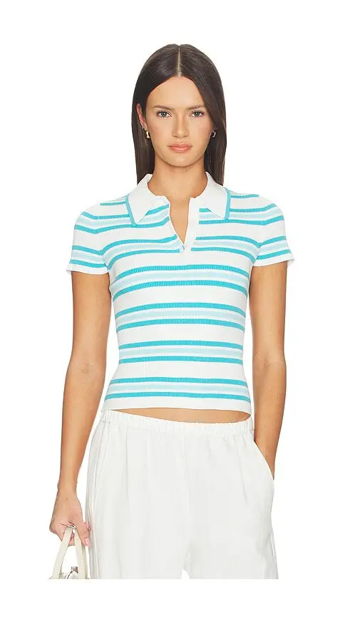 Simkhai Striped Ribbed Knit Polo - Surf Pool Stripe