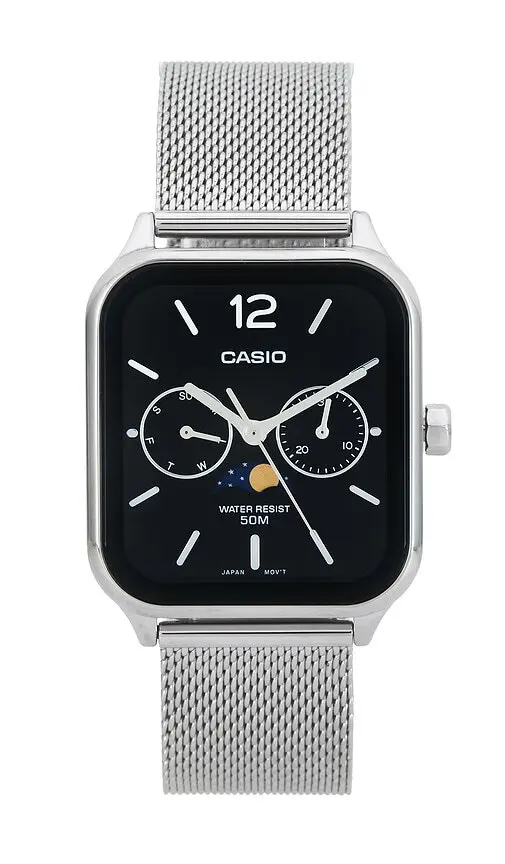 Casio Moon Phase Watch In Metallic Silver - Silver & Black