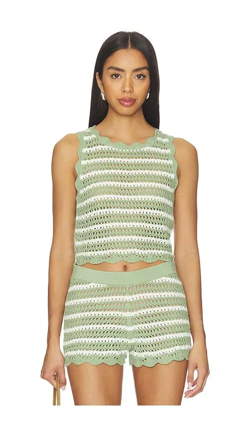 Alice + Olivia Ciara Cropped Pointelle Pullover In Sage,white - Sage & Soft White