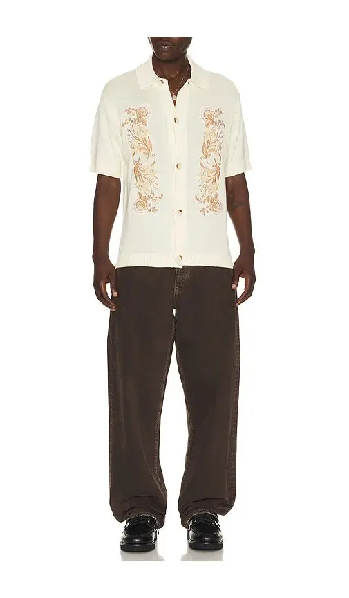 Central Park West Anderson Embroidered Camp Shirt In Cream
