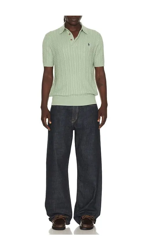 Polo Ralph Lauren Short Sleeve Featherweight Cable Knit 3-button Placket Polo Sweater In Green