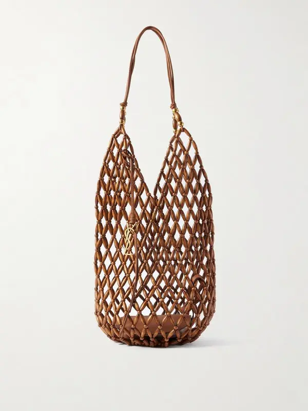 Saint Laurent Beaded Wood Tote With Leather Trim