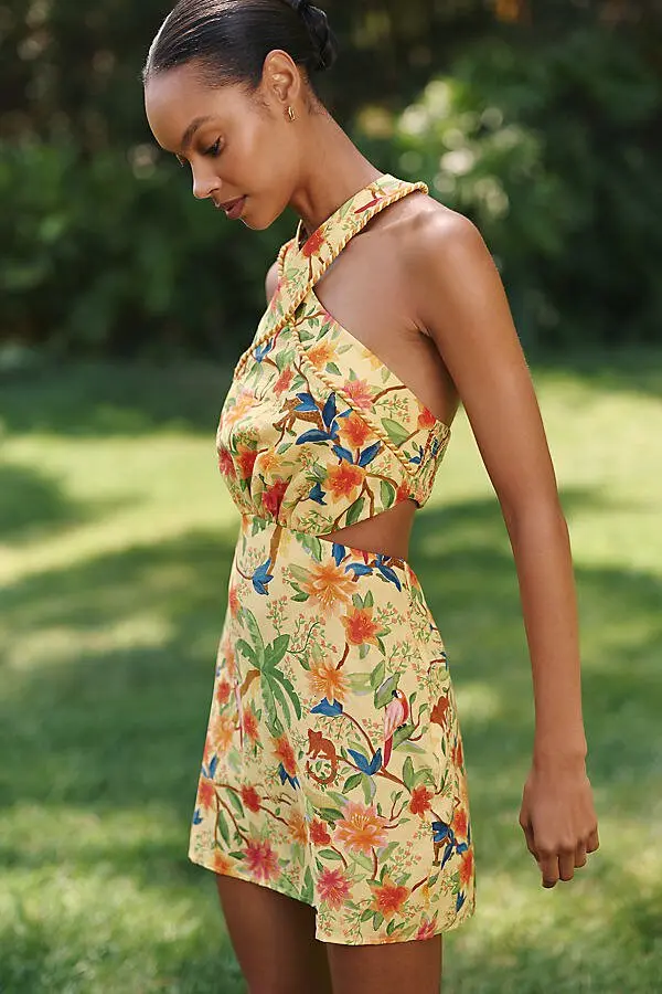 Farm Rio X Linen Blend Halter-neck Mini Dress - Solar Forest