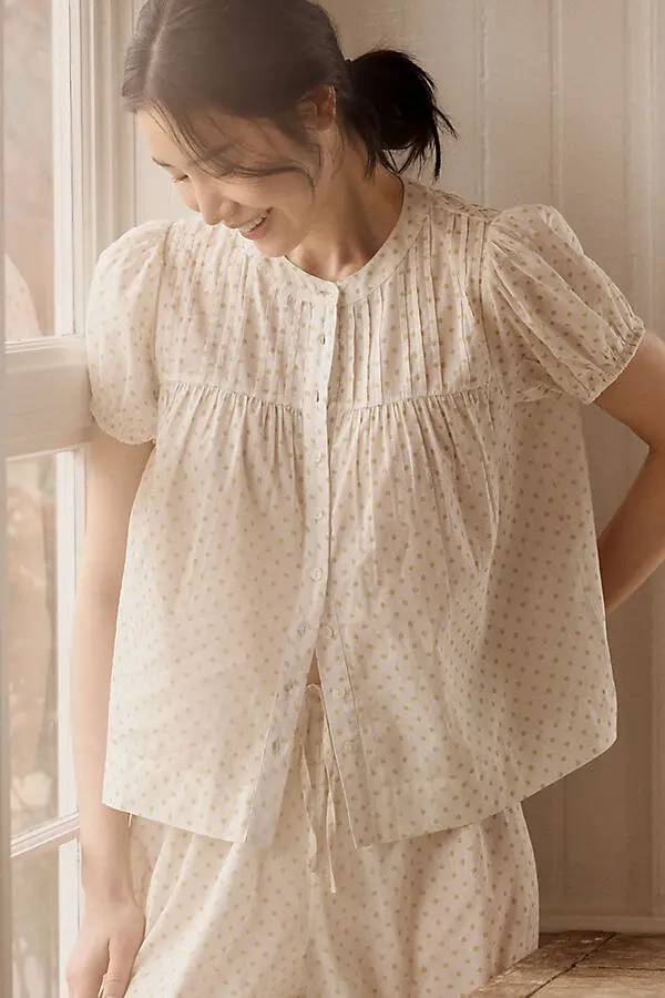DAMSON MADDER Meadow Cotton Boxy Top - Ivory Pattern