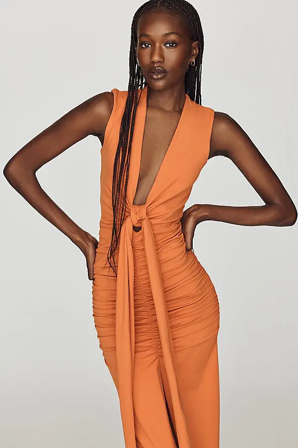 Susana Monaco Sleeveless Maxi Dress With Plunging Neckline And Ruched Detailing - Orange