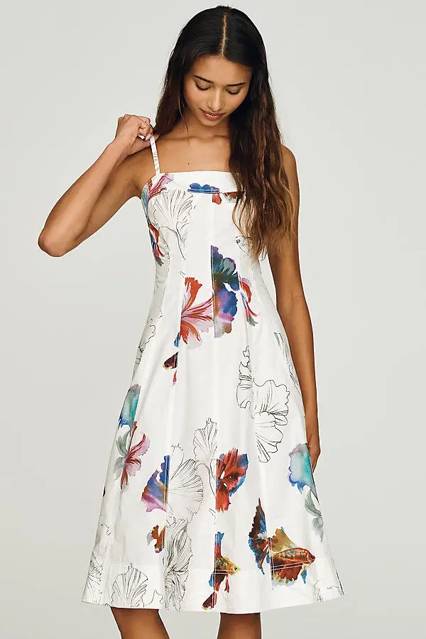 Anthropologie Pilcro Marin Cotton Poplin Midi Dress - Ivory Pattern